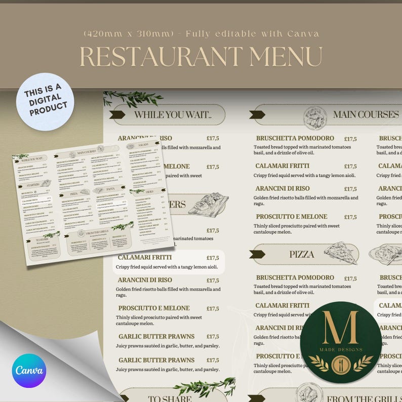 Italian Restaurant Menu Template, Foldable Canva Design (420x314mm ...