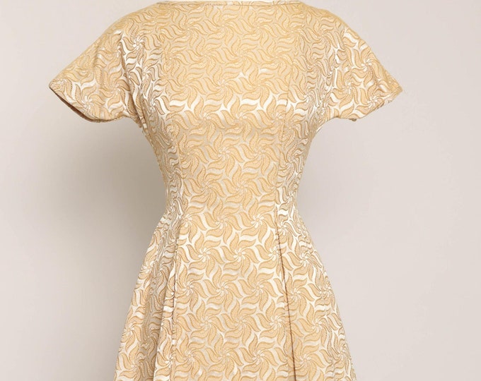 50s PINWHEEL BROCADE Dress XS / Gold Brocade Mini Dress Gold Satin ...