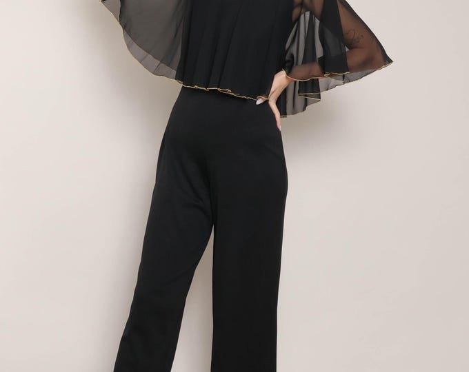 70s DISCO CAPE Jumpsuit M / 1970s Black Bell Bottom Jumpsuit Chiffon ...