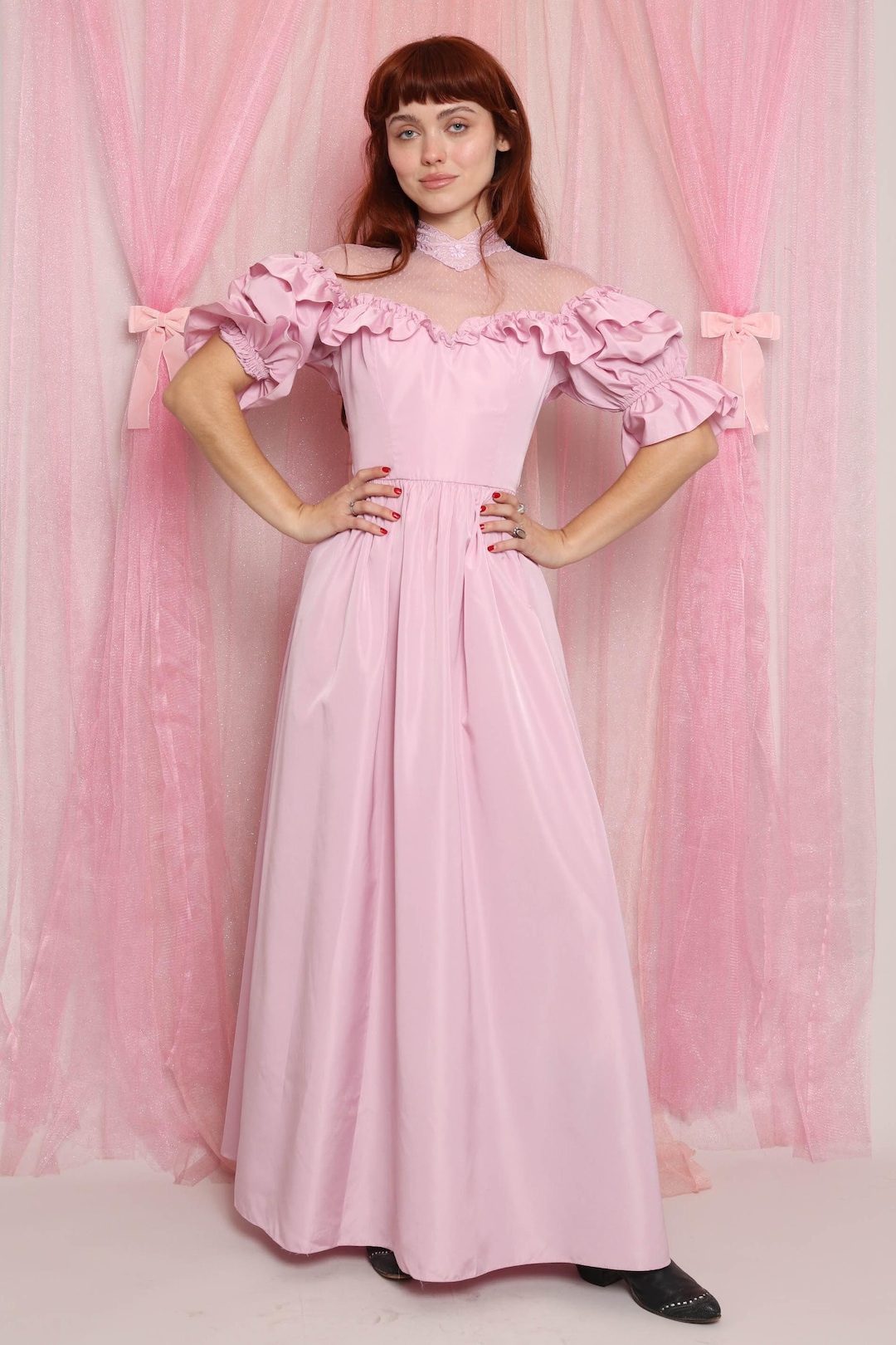 80s CHOKER TAFFETA Dress XS / 1980s Pink Taffeta Prom Dress Pink ...