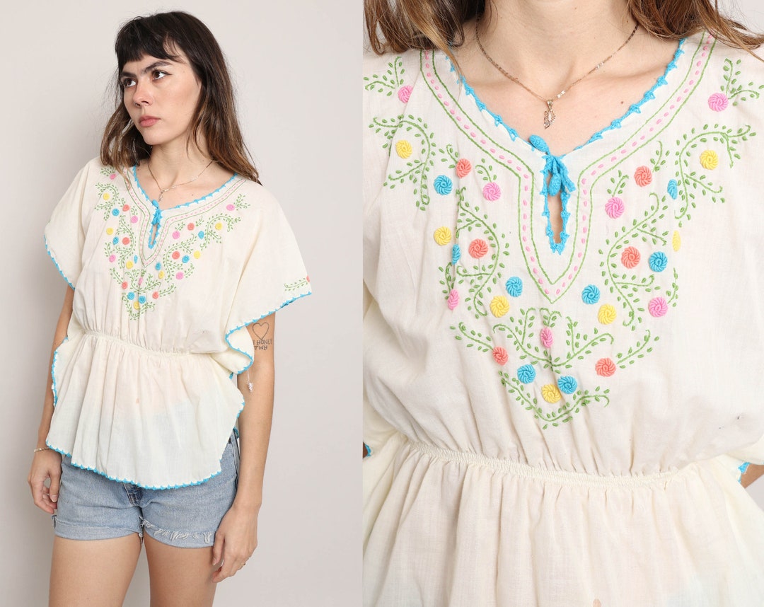 70s EMBROIDERED Smock Top XS S / Pastel Floral Embroidered Tunic Shirt ...