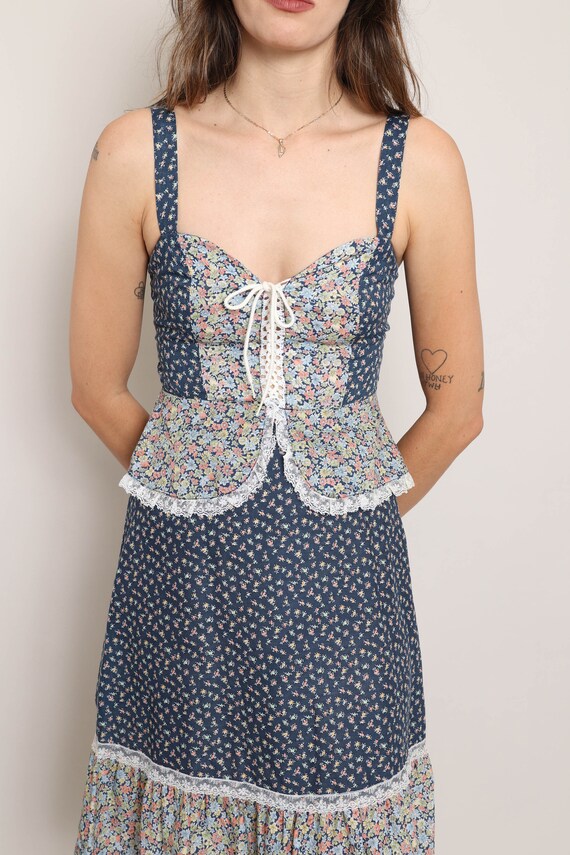 70s CORSET PRAIRIE dress XS / blue floral prairie dre… - Gem