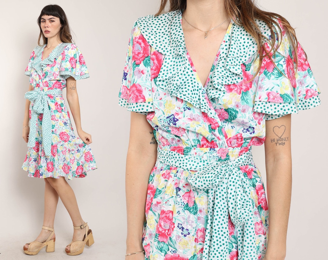 80s FLORAL FLUTTER Dress XS S / Susan Tudor Floral Dress Susan Tudor ...