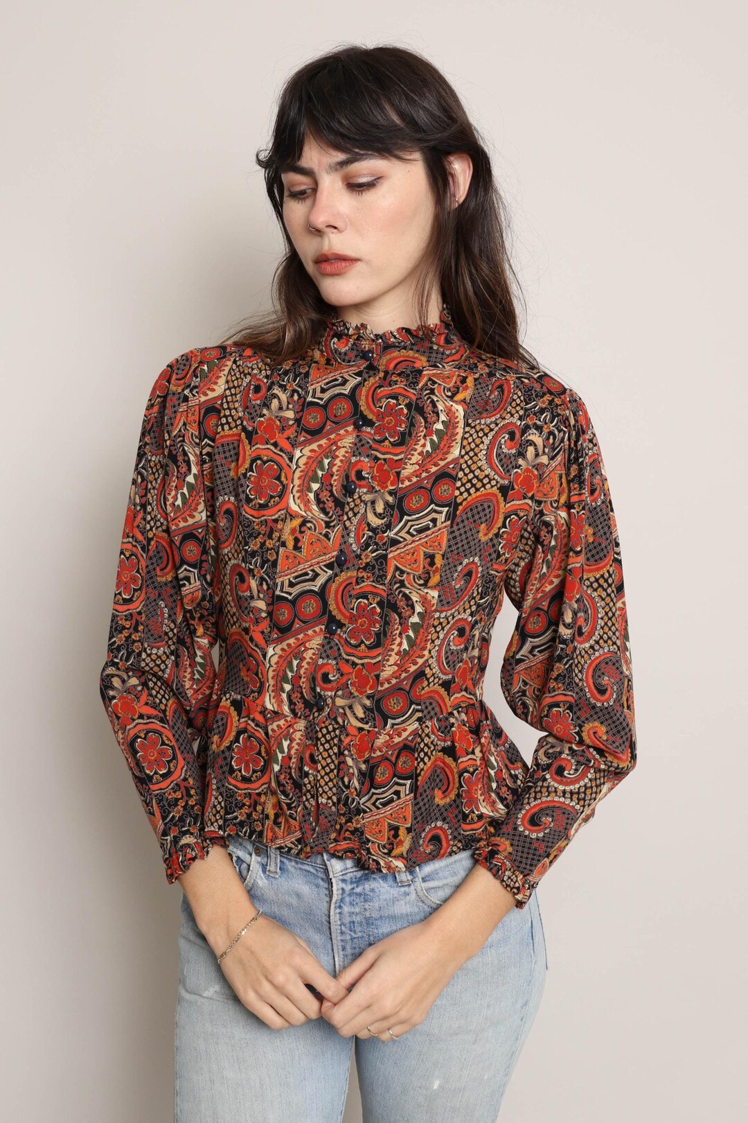 70s PAISLEY BISHOP Sleeve Shirt S / 1970s Popi Shirt Detailed Paisley ...
