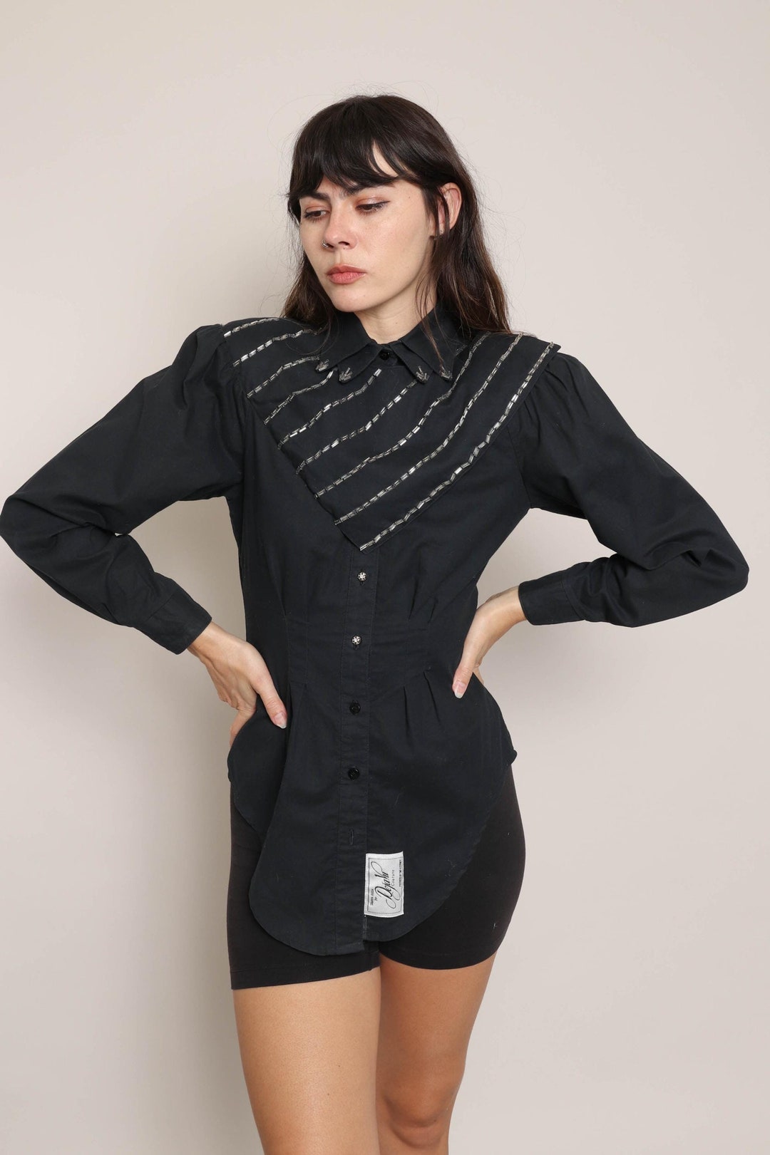 80s BEADED WESTERN Shirt S / 1980s Sharon Atkin for Deja Vu Black ...