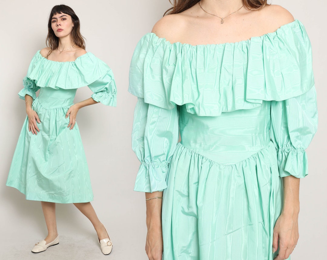 80s MINT TAFFETA Dress S / Wood Grain Taffeta Party Dress Flutter ...
