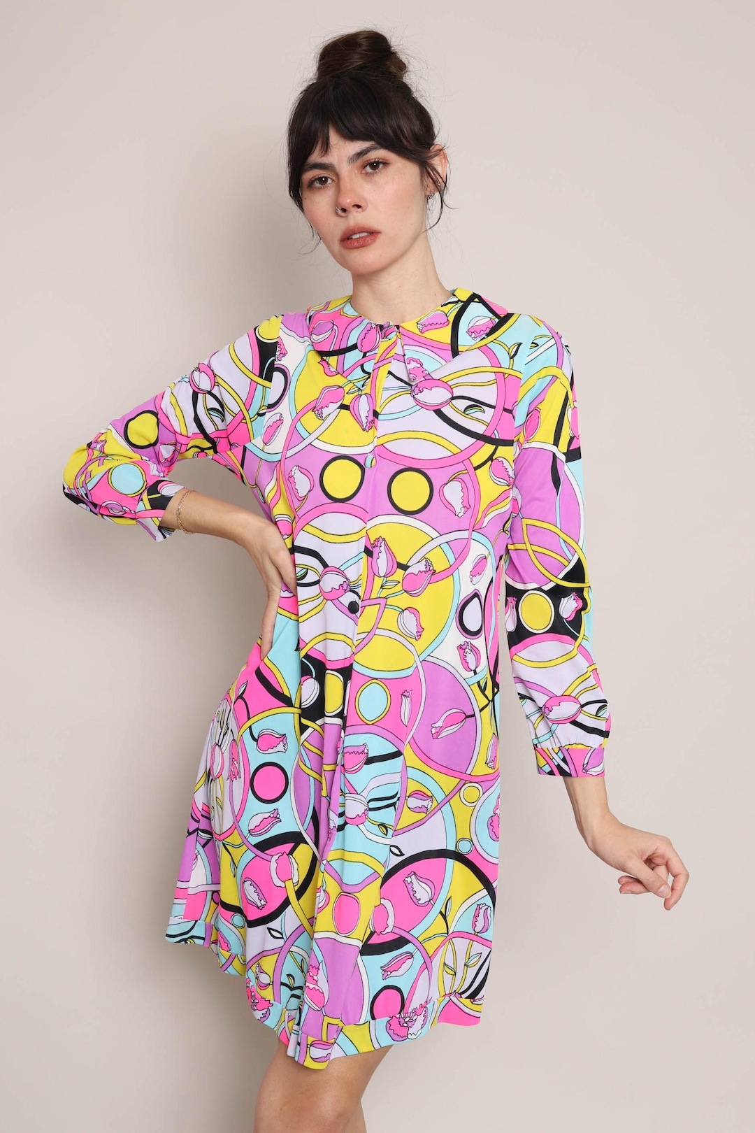 60s PSYCHEDELIC Print Dress S M / 1960s Psychedelic Floral Dress ...