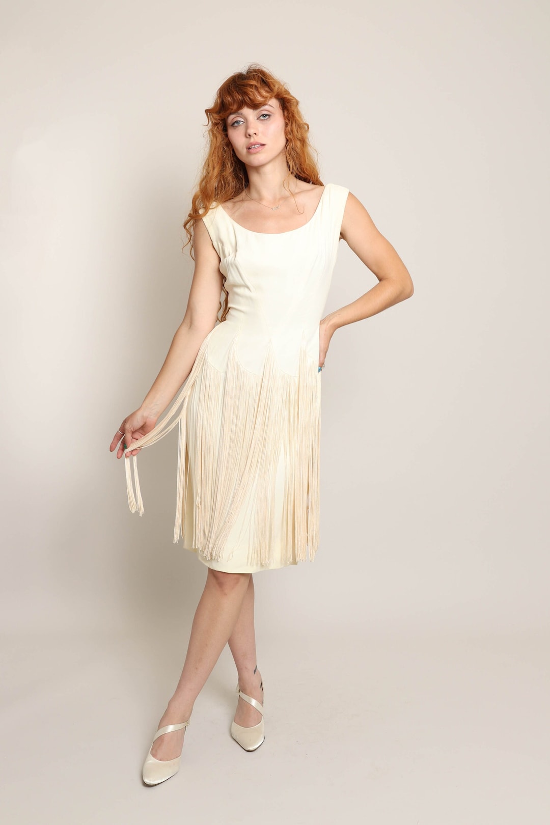 60s FRINGE Wiggle Dress XS / Syanó Fringe Dress Cream Rayon Wedding ...