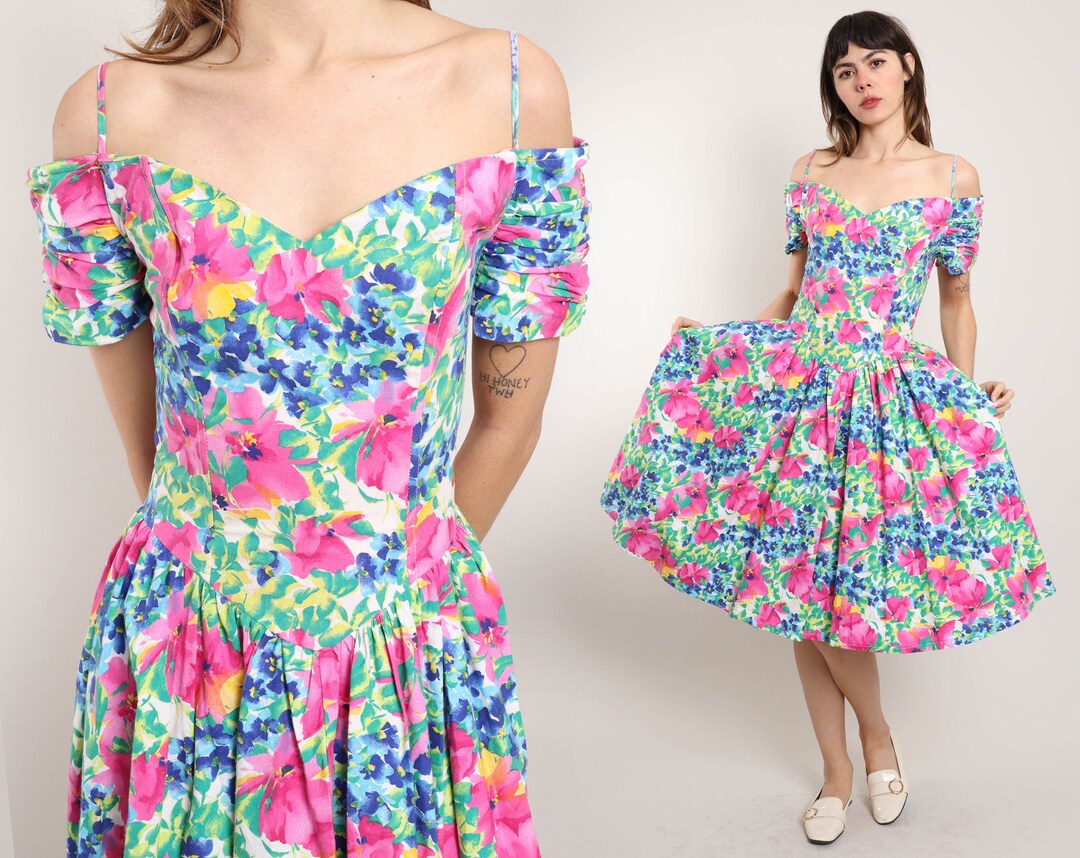 90s ROMANTIC FLORAL Dress S M / Lolita Design Cotton Floral Dress off ...