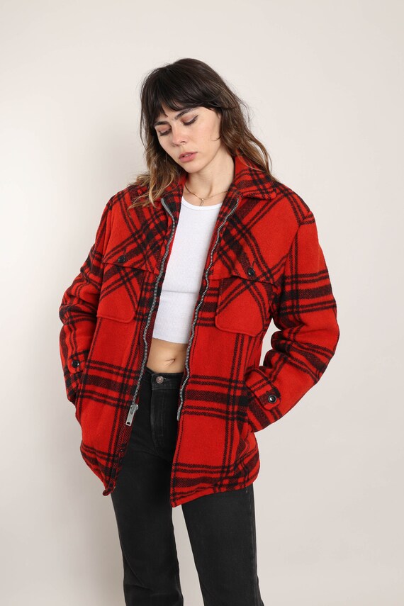 60s BRENT SPORTSMAN jacket / red plaid wool jacket hu… - Gem