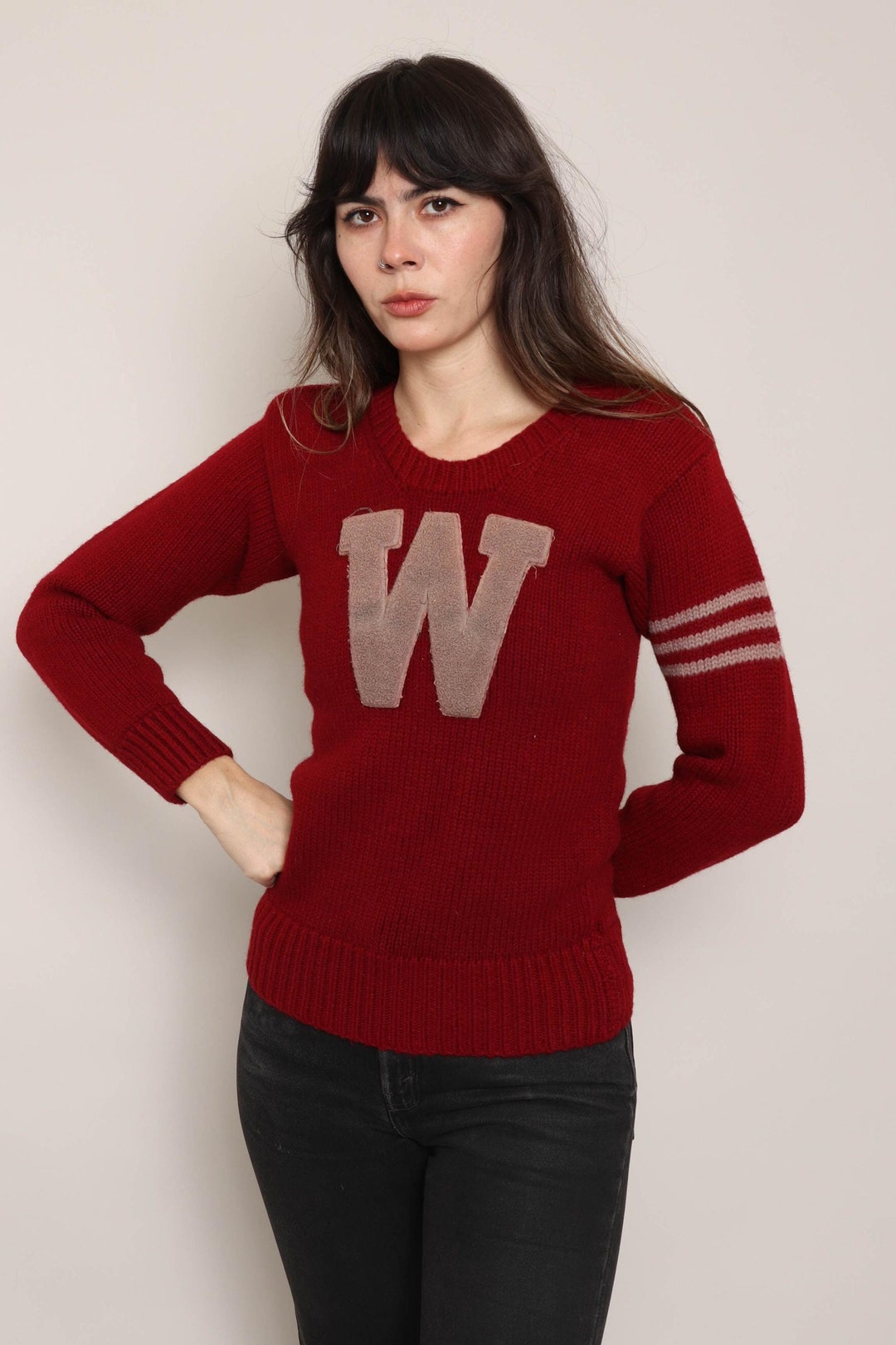 40s LETTERMAN Sweater XS / 1940s Trojan Wool Varsity Sweater Maroon ...