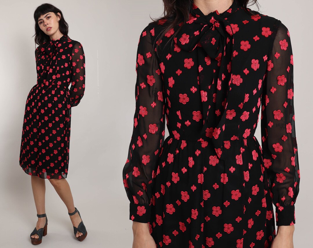 60s RICHARD TAM Jon Mandl Dress XS S / Black Floral Chiffon Midi Dress ...