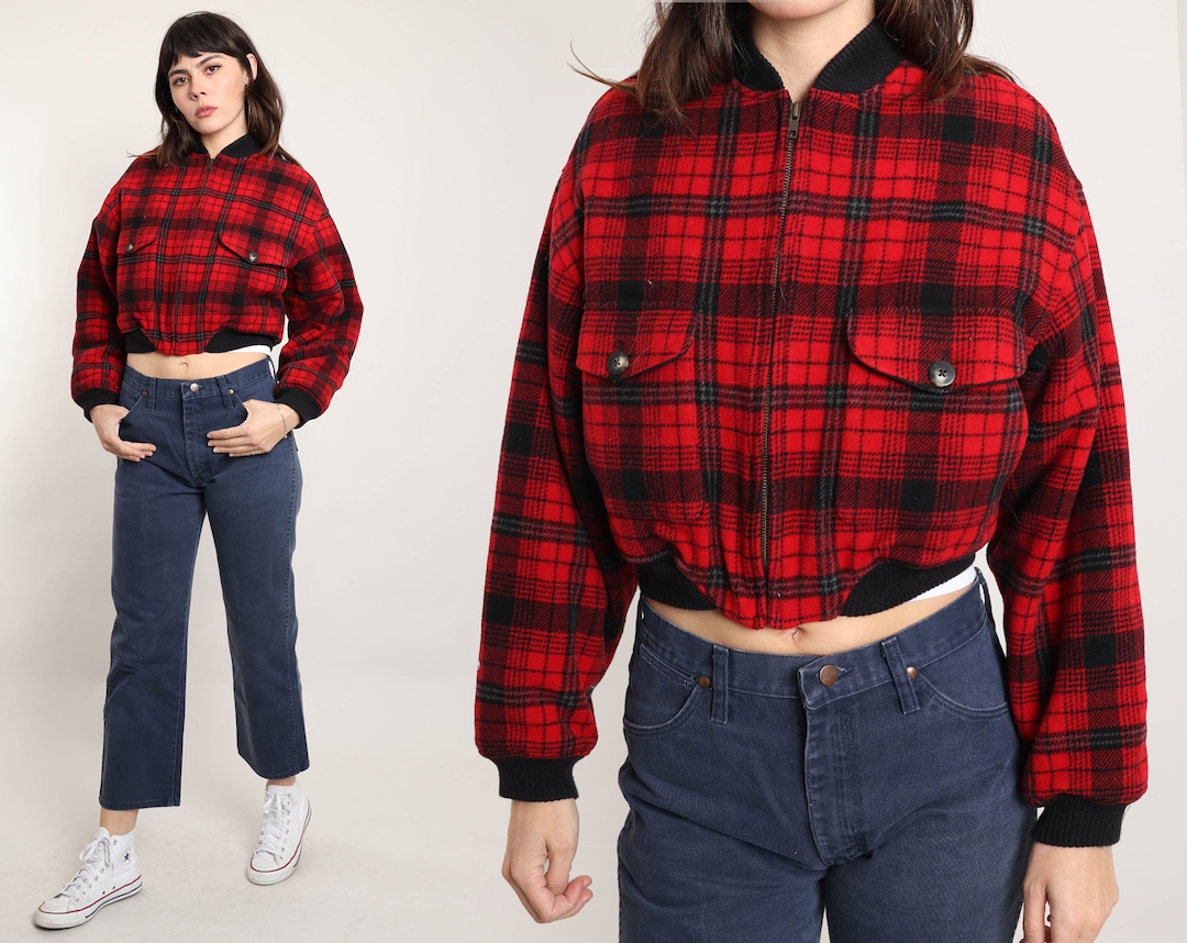 90s PLAID BOMBER Jacket XS S / Gap Red Plaid Wool Jacket Cropped ...