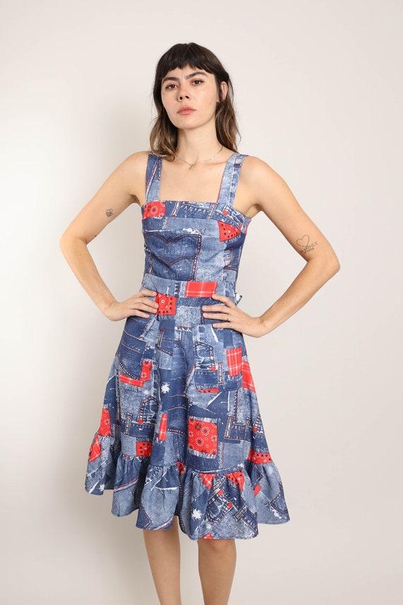 70s Mod Patchwork Print Button Front Dress | Boho Pat… - Gem