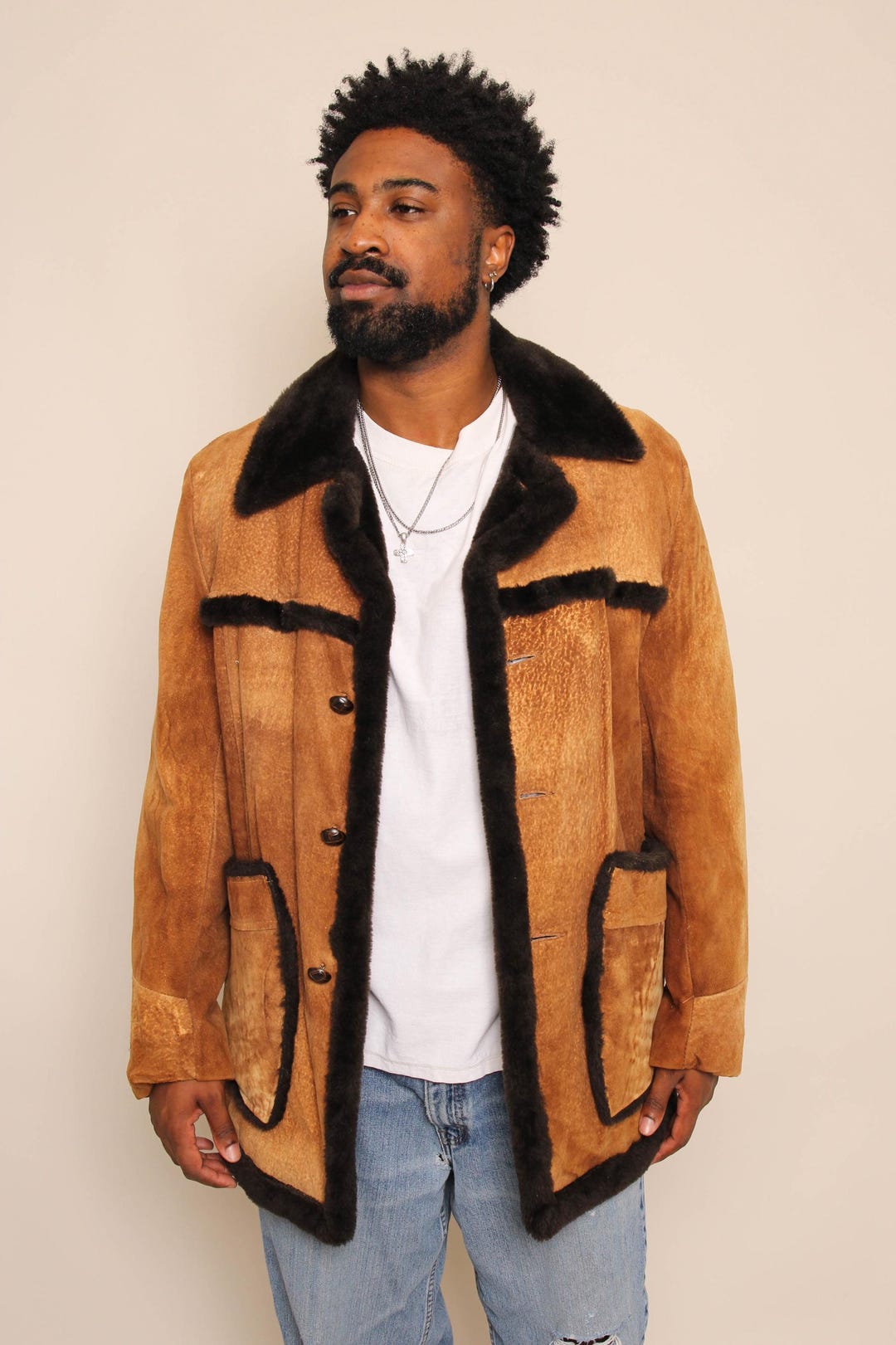 70s Suede Shearling Rancher Jacket: Vintage Brown Leather Coat Fur ...