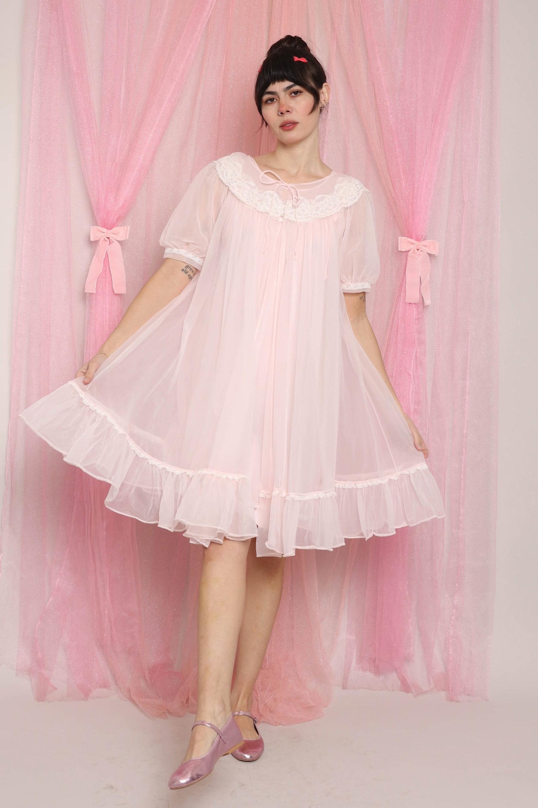 60s PINK BABYDOLL Peignoir S / 1960s Lisette Nightgown Set Pink Chiffon Nightgown Babydoll ...