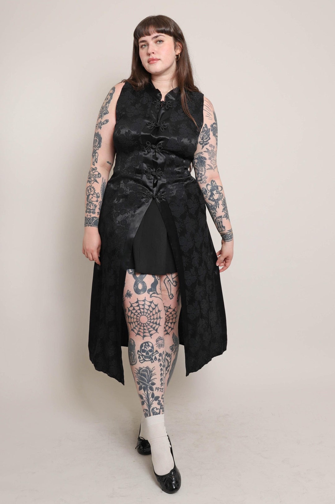 90s CHEONGSAM Duster Dress L / 1990s Speed Brocade Duster Black Satin ...