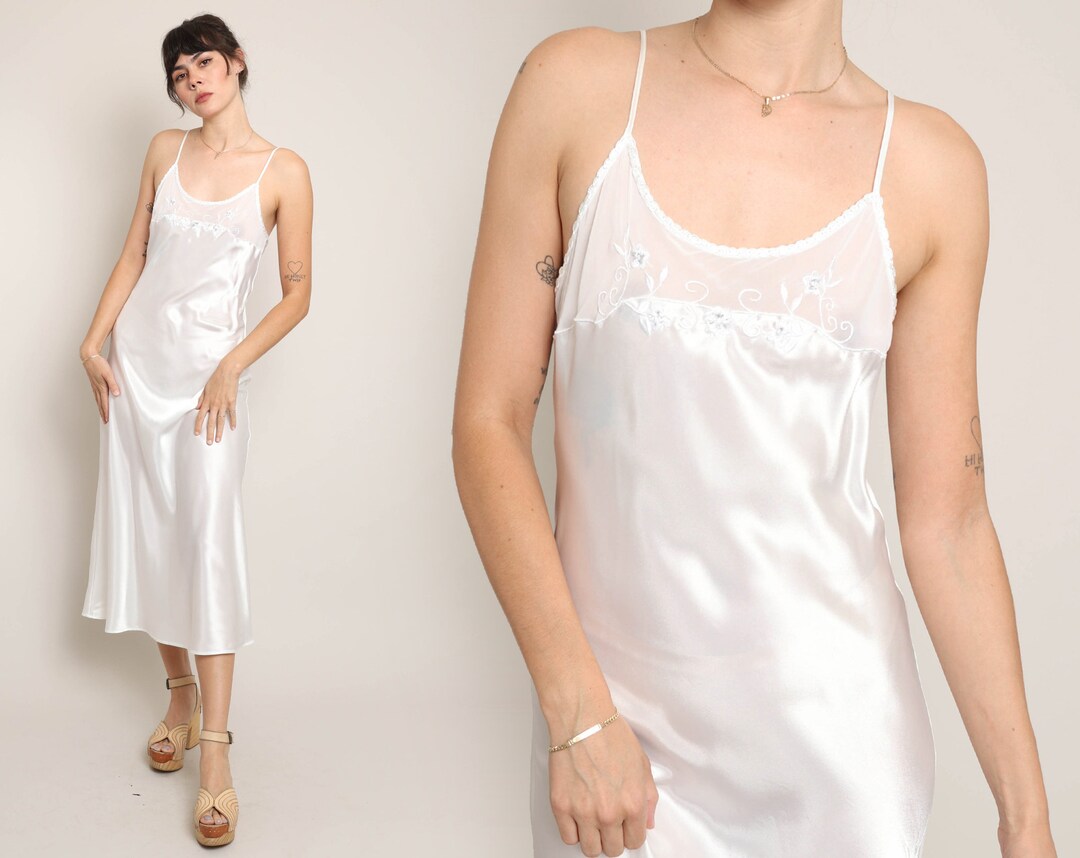90s SHEER MESH Nightgown S M / Intimo Amore Pearl White Satin Nightgown ...
