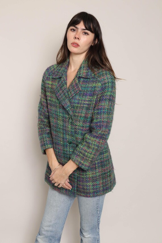 80s COLORFUL PLAID mohair jacket M L / 1980s green ra… - Gem