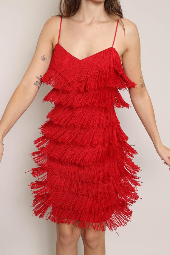 80s RED FRINGE dress S / 1980s New Leaf dress red fla… - Gem
