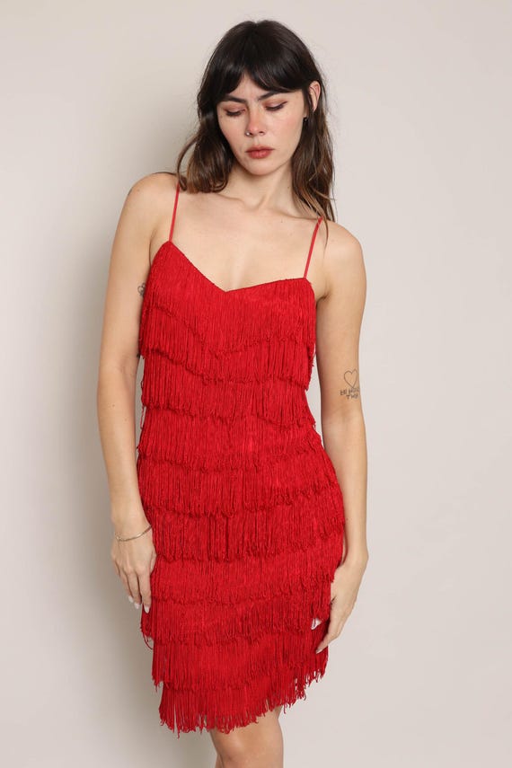80s RED FRINGE dress S / 1980s New Leaf dress red fla… - Gem