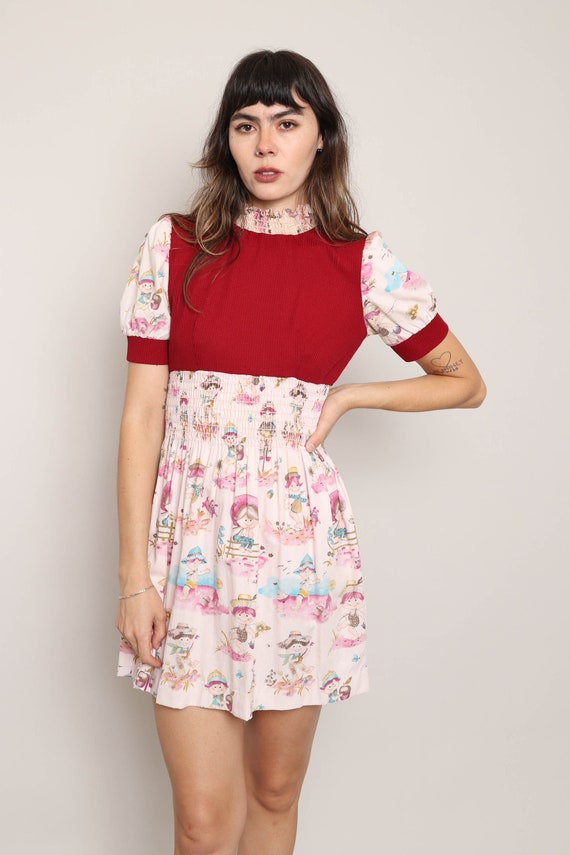 70s KIDS AT PLAY mini dress S / maroon novelty print … - Gem