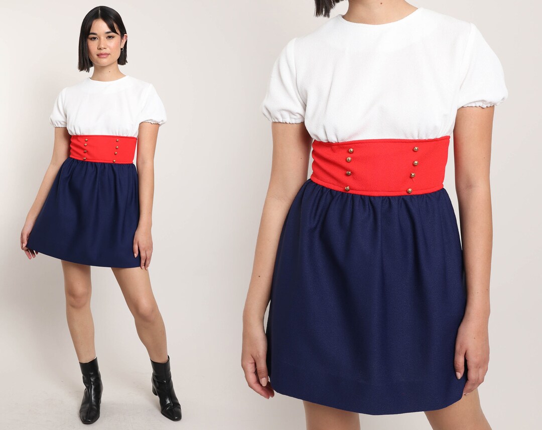 70s STEWARDESS MINI Dress S / Red White Blue Color Block Mod Mini Dress ...