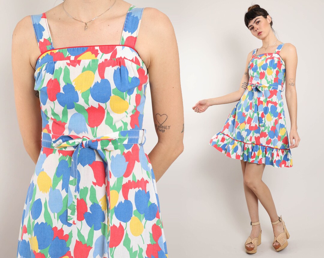 70s TULIP SUN Dress XS S / Tumbleweeds Tulip Print Dress Primary Colors ...