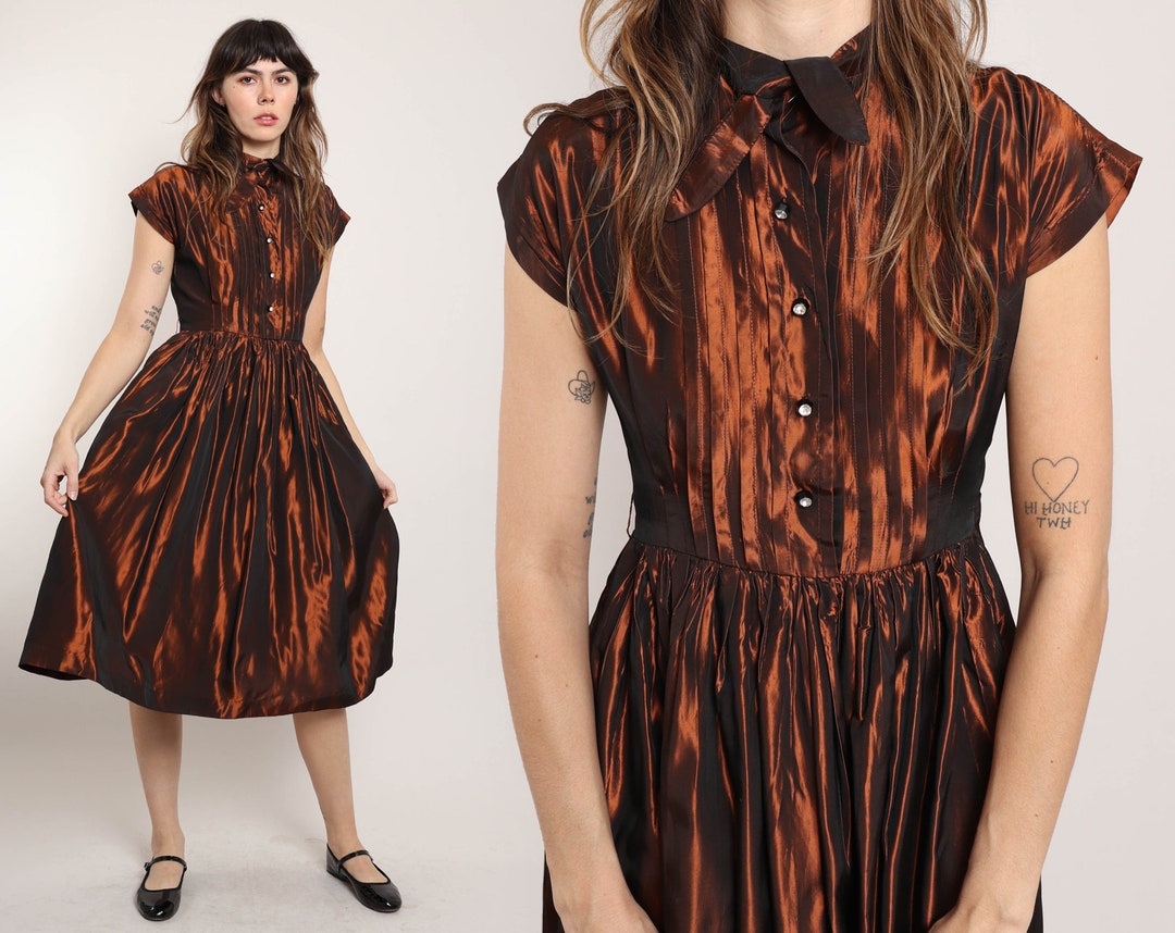 50s COPPER PARTY Dress S / Metallic Satin Dress Rhinestone Button Dress ...
