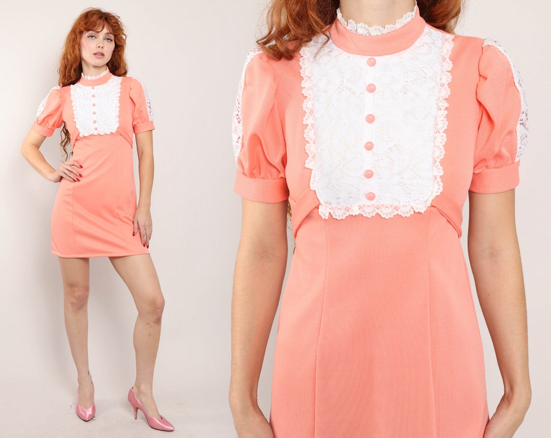 70s PRINCESS PEACH Dress XS / Pastel Orange Mod Mini Dress Victorian ...