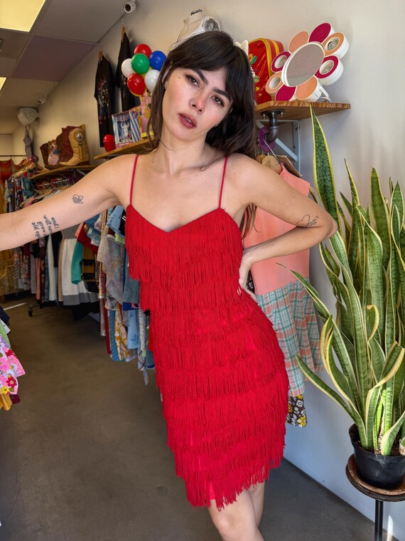 80s RED FRINGE dress S / 1980s New Leaf dress red fla… - Gem