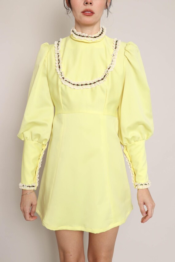 70s YELLOW VICTORIAN mini dress M / 1970s yellow mod … - Gem