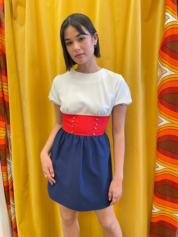 70s STEWARDESS MINI dress S / red white blue color bl… - Gem