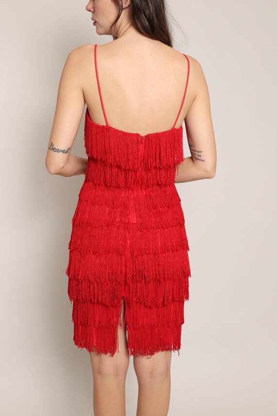 80s RED FRINGE dress S / 1980s New Leaf dress red fla… - Gem