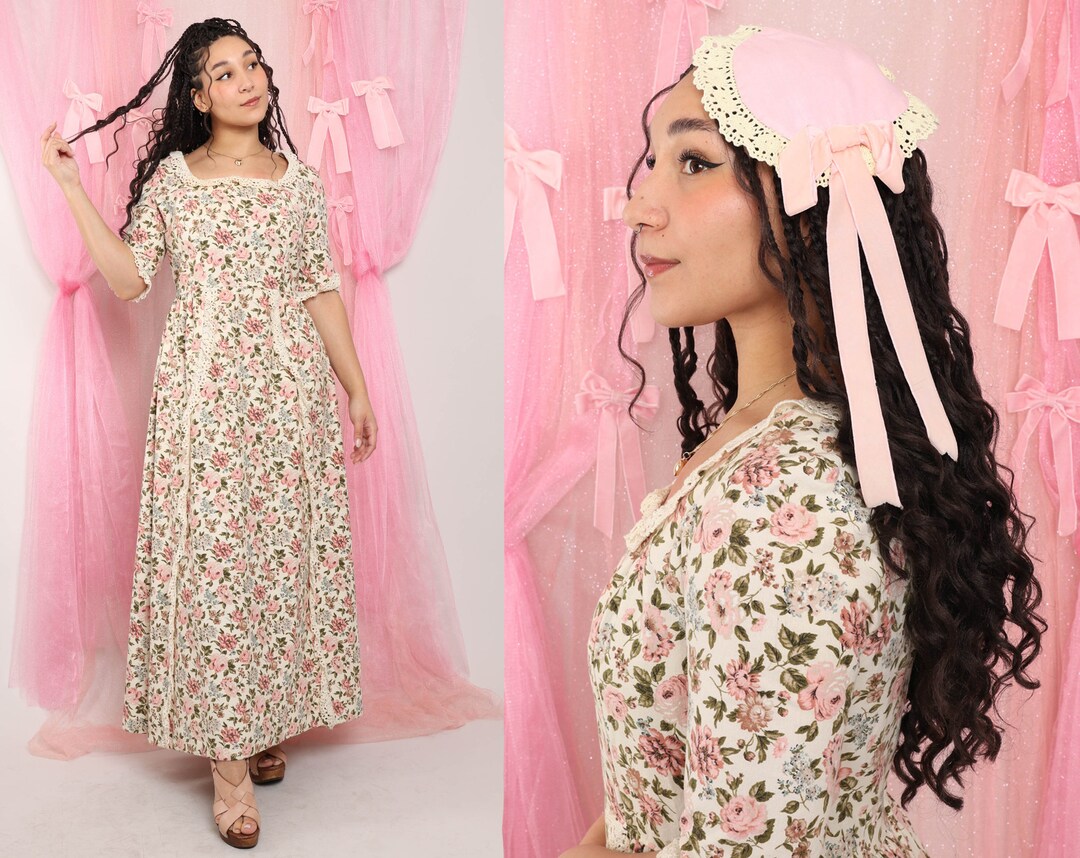 70s FLORAL PRAIRIE Dress With Hat M / Pink Floral Prairie Dress Pink ...
