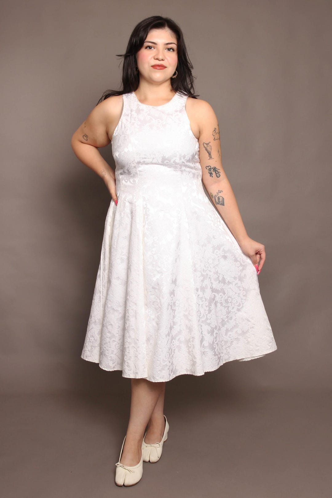 Y2K Jessica Mcclintock Lace Tank Tea Length Dress: Pearl Beaded Brocade ...
