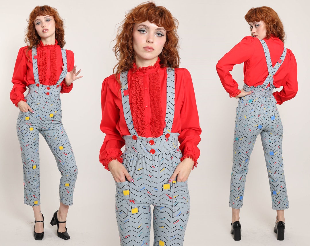 80s ABSTRACT PINAFORE Romper XS / Gray Rainbow Speckled Jumpsuit ...