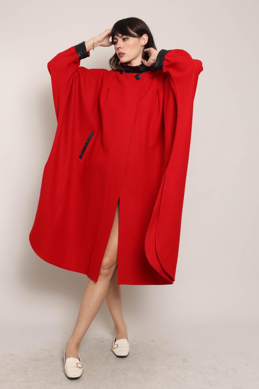 80s RED BATWING Coat / 1980s Dani Colby Coat Red Wool Cape Leather Trim ...
