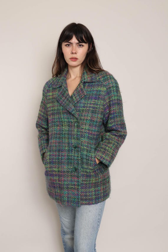 80s COLORFUL PLAID mohair jacket M L / 1980s green ra… - Gem