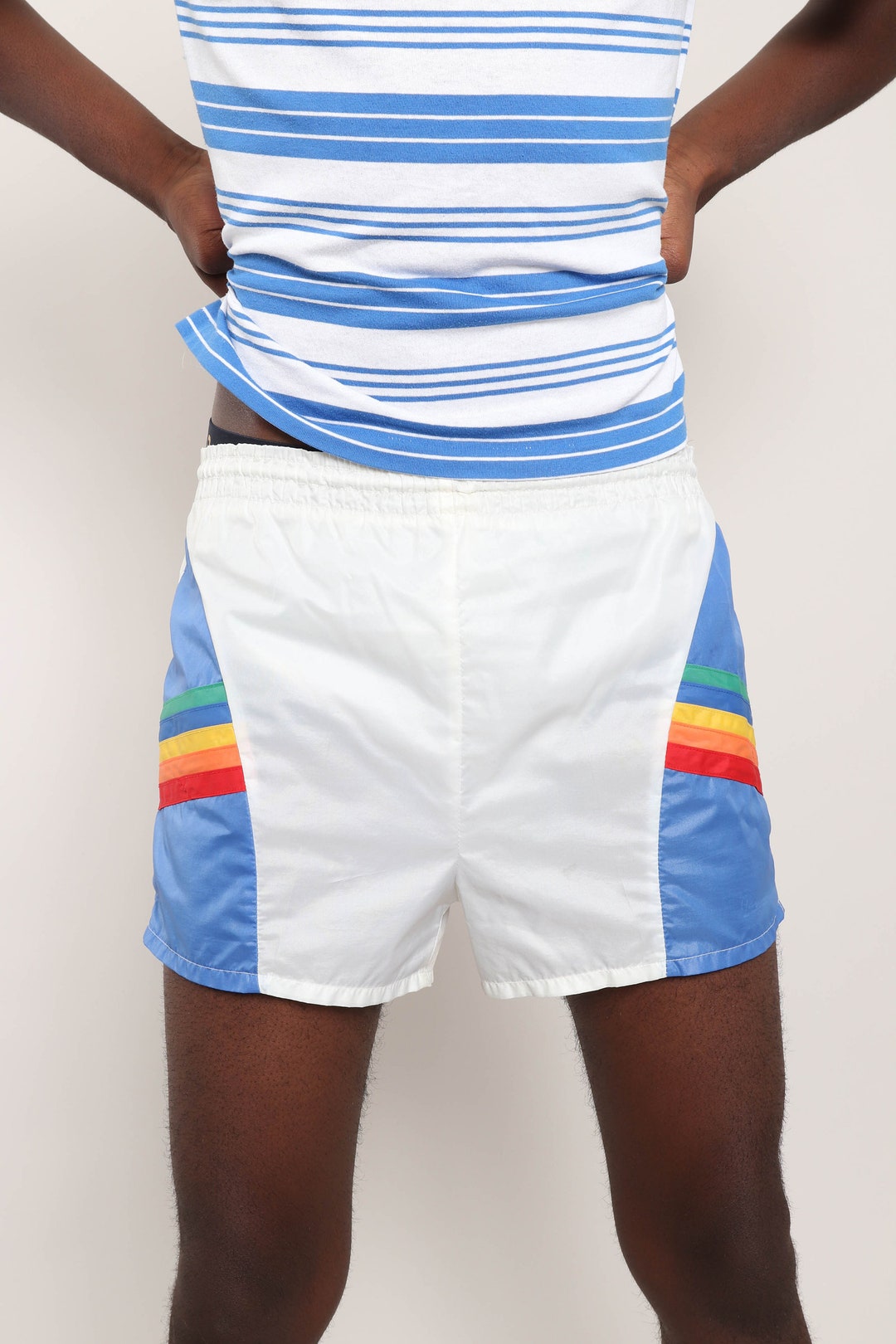 80s RAINBOW Swim Shorts S M / Sea Waves Hawaii Rainbow Striped Swim ...