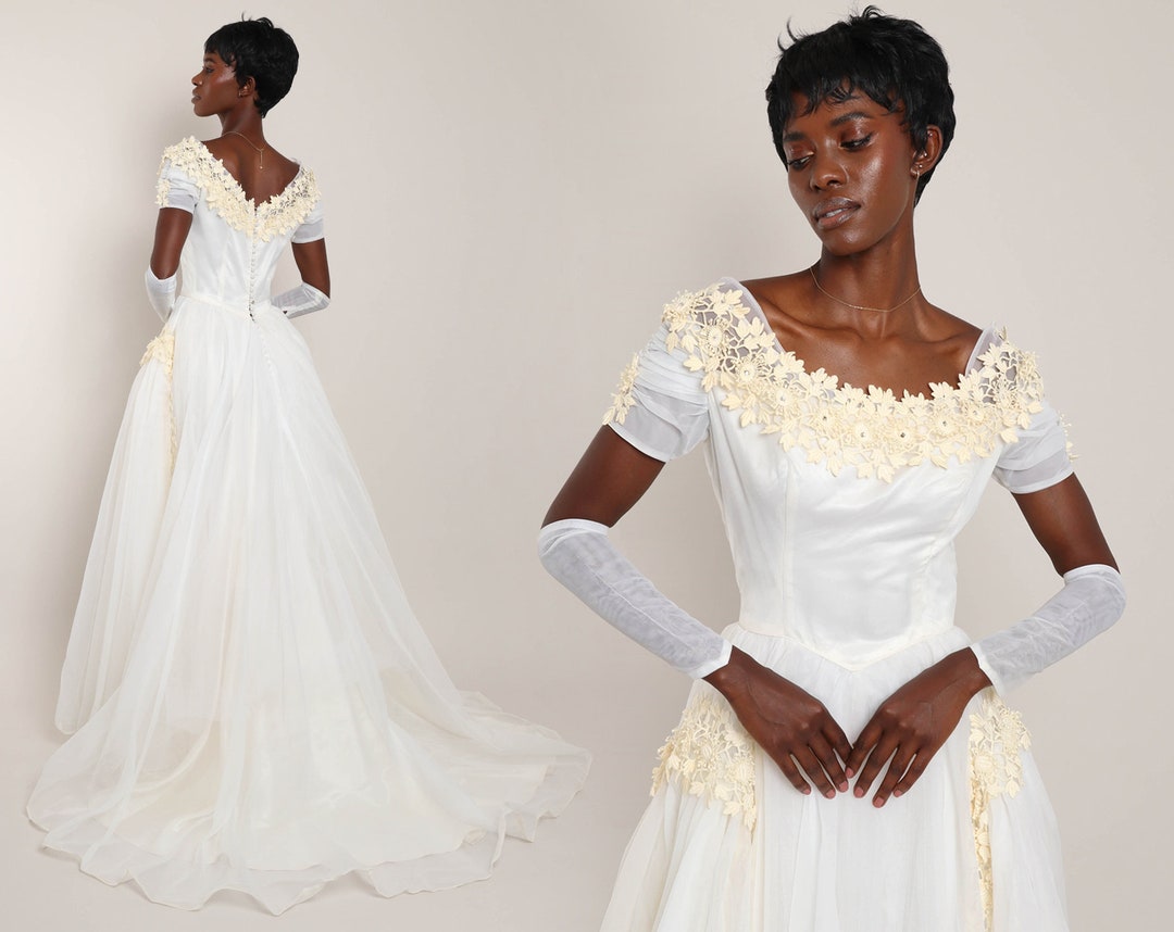60s CHIFFON Wedding Dress Set With Train XS / Floral Applique Wedding ...