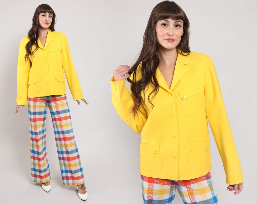 80s BRIGHT YELLOW Jacket S / Felt Wool Carlisle Jacket Accent Pockets ...