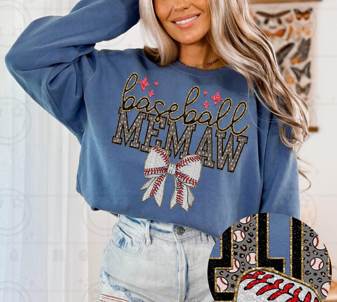 Baseball Memaw - Glitter Accents With Baseball Bow Design DTF Transfer ...