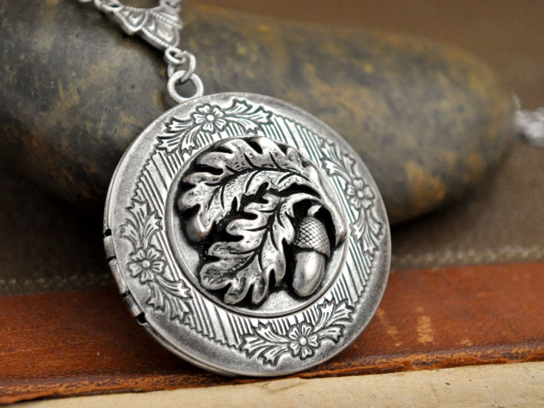Silver Acorn Oak Tree Leaf Locket Necklace Jewelry Gift for Women Photo ...