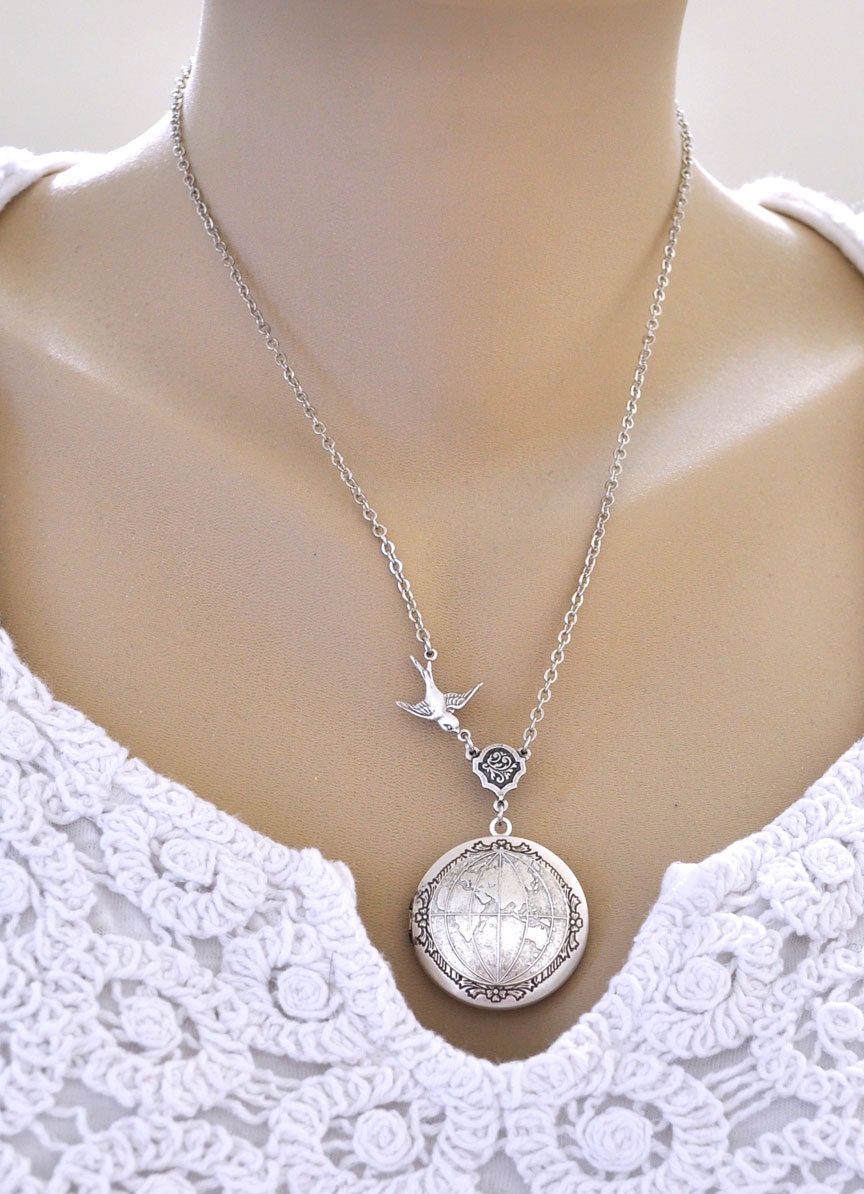Silver Locket Necklace ONE WORLD Antique Silver World Map - Etsy