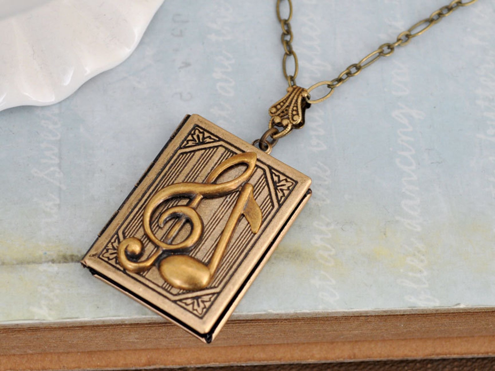 Antiqued Brass Locket Necklace THE G-CLEF Music Notes | Etsy