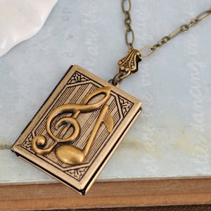 Antiqued Brass Locket Necklace, THE G-CLEF, Music Notes Necklace, Music ...