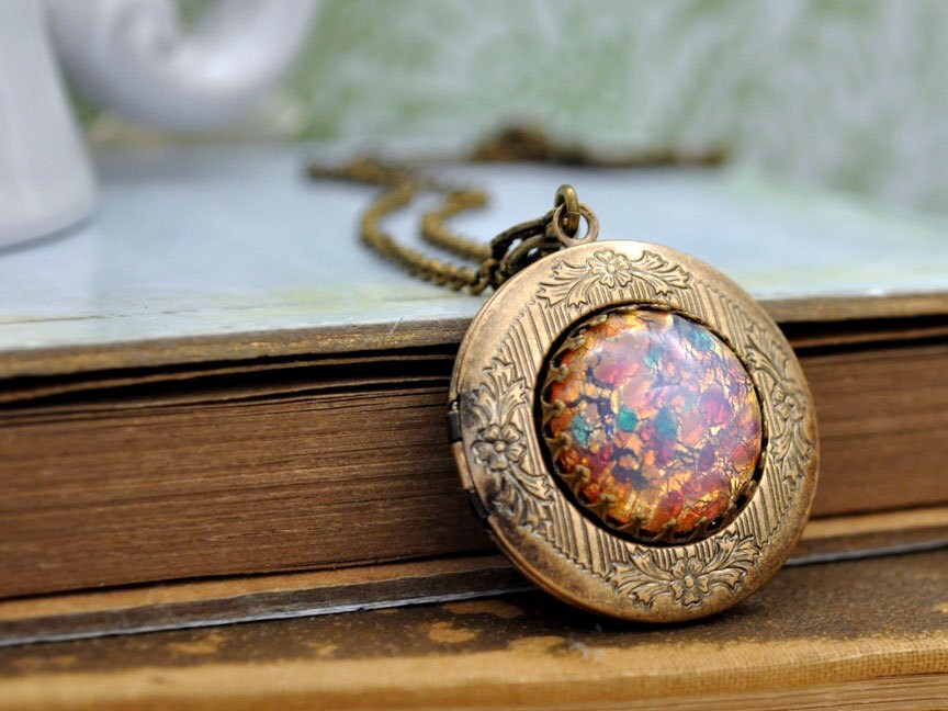 pink opal necklace opal locket necklace vintage opal | Etsy
