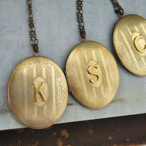 INITIAL LOCKET, Vintage Brushed Brass Letter Locket Necklace, Large ...