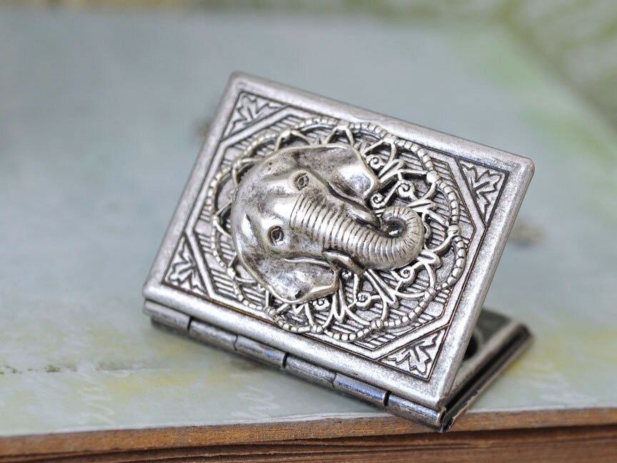 Silver locket necklace book elephant locket SAFARI antiqued | Etsy